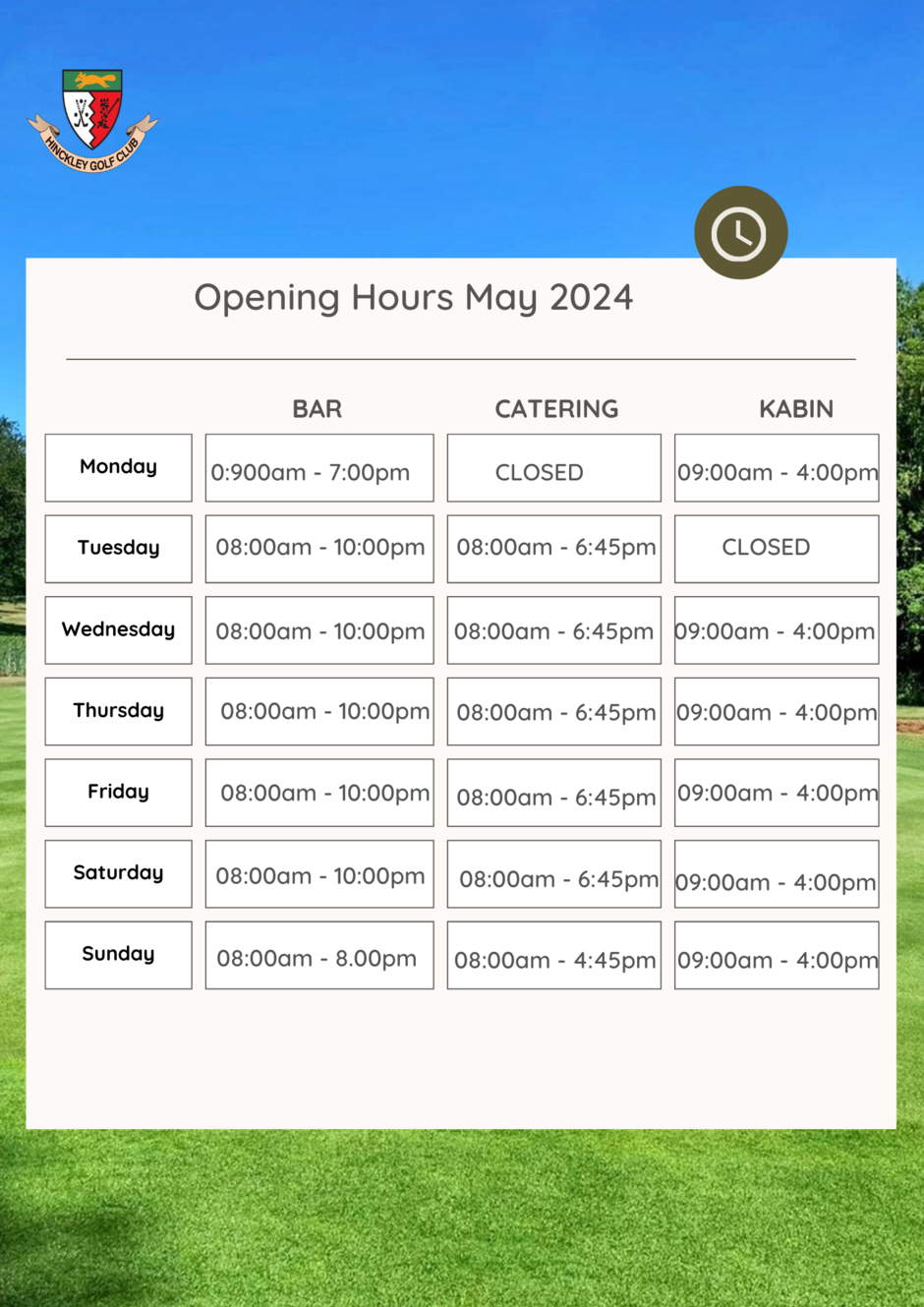 Opening Times :: Hinckley Golf Club & Event Venue