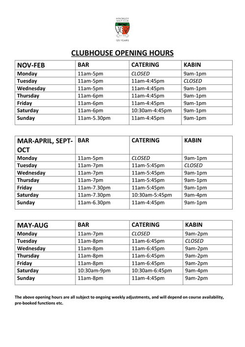 Opening Times :: Hinckley Golf Club & Event Venue